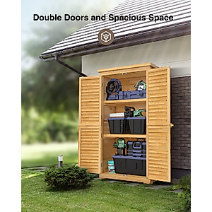 63.2" Outdoor Storage Cabinet with 3 Detachable Shelves, Lockable Wooden Garden Shed with Asphalt Roof, Vertical Tool Storage Shed for Backyard Patio Lawn Deck