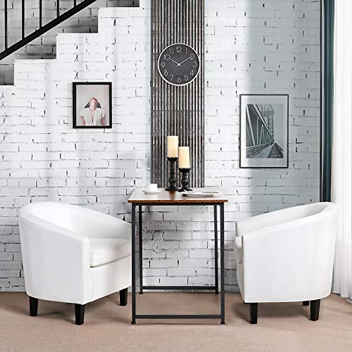 Topeakmart White Leather Chair, Modern and Comfy Faux Leather Accent Chair, Upholstered Barrel Chair Club Chair with Wooden Legs for Living Room Bedroom Waiting Room, Set of 2, White