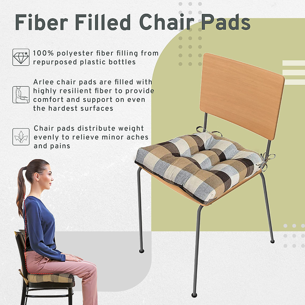 Arlee Home Fashions – Fiber Filled Premium Chair Pads - Chair Pads with Tiebacks –17.25” L X 16” W – Cholocate - Set of 4,Chocolate