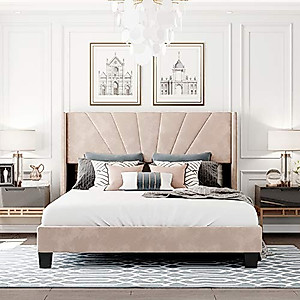 Lifeand Queen Size Velvet Upholstered Platform Bed, Box Spring Needed - Beige
