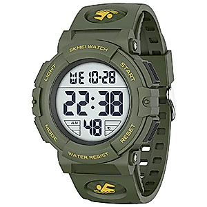 GOLDEN HOUR Mens Big Wide Screen Digital Display Waterproof Quartz Sport Watch with Resin Strap (Army Green)