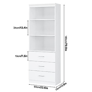 FOTOSOK 71 Inches Tall Storage Cabinet, Bookcase with 3 Drawers and 3-Tier Open Shelves, Wooden Bookshelf Storage Organizer for Living Room, Study, Kitchen, Home Office, White