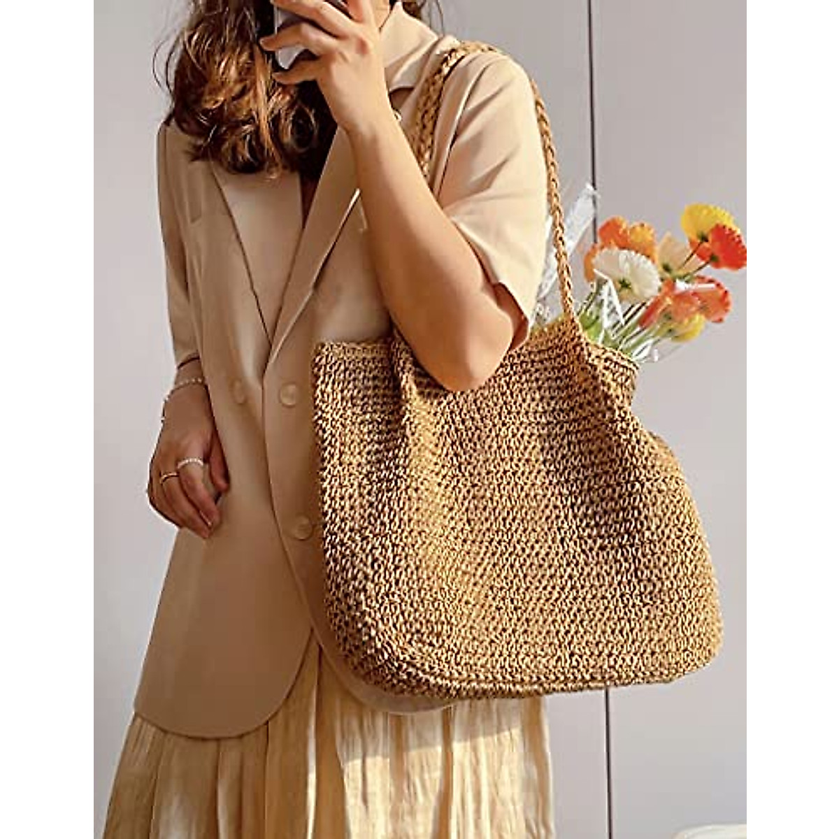 Handwoven Soft Straw Beach Bag Purse Casual Vintage Rattan Shoulder Bag Handbag Boho Wowen Tote Basket Vacation Bag