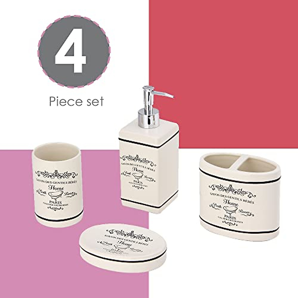 Home Basics Paris Collection 4 Piece Bathroom Accessories Set Featuring a Soap Dispenser, Toothbrush Holder, Tumbler, and Soap Dish