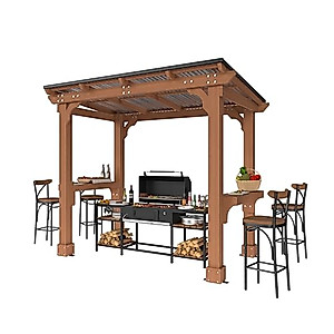 VEIKOU 8’x5’ Grill Gazebo, Patio Gazebo with Hardtop Metal Roof, Rainwater Drainage, Wood Frame, BBQ Gazebo for Barbecue, Backyard, Garden, Rustic