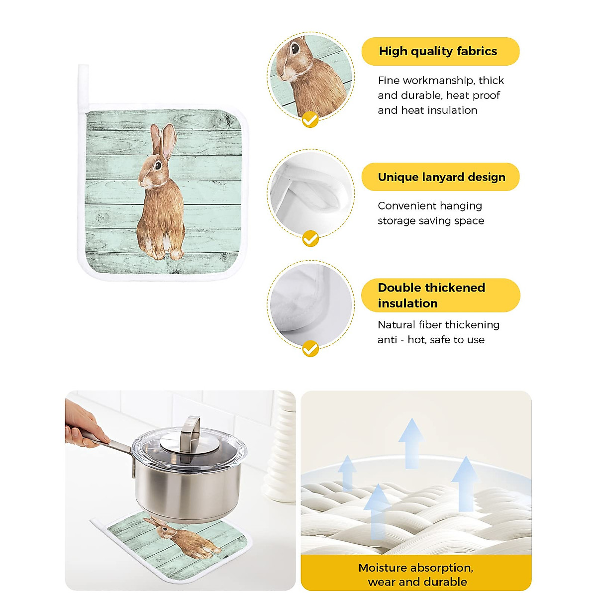 Happy Easter Rabbits 2 Pack Pot Holders Heat Insulation Hot Pads, Cute Cartoon Bunny Washable Oven Pot Holder Set for Kitchen Spring Blue Wood Grain Potholders for Baking Cooking Dining Table