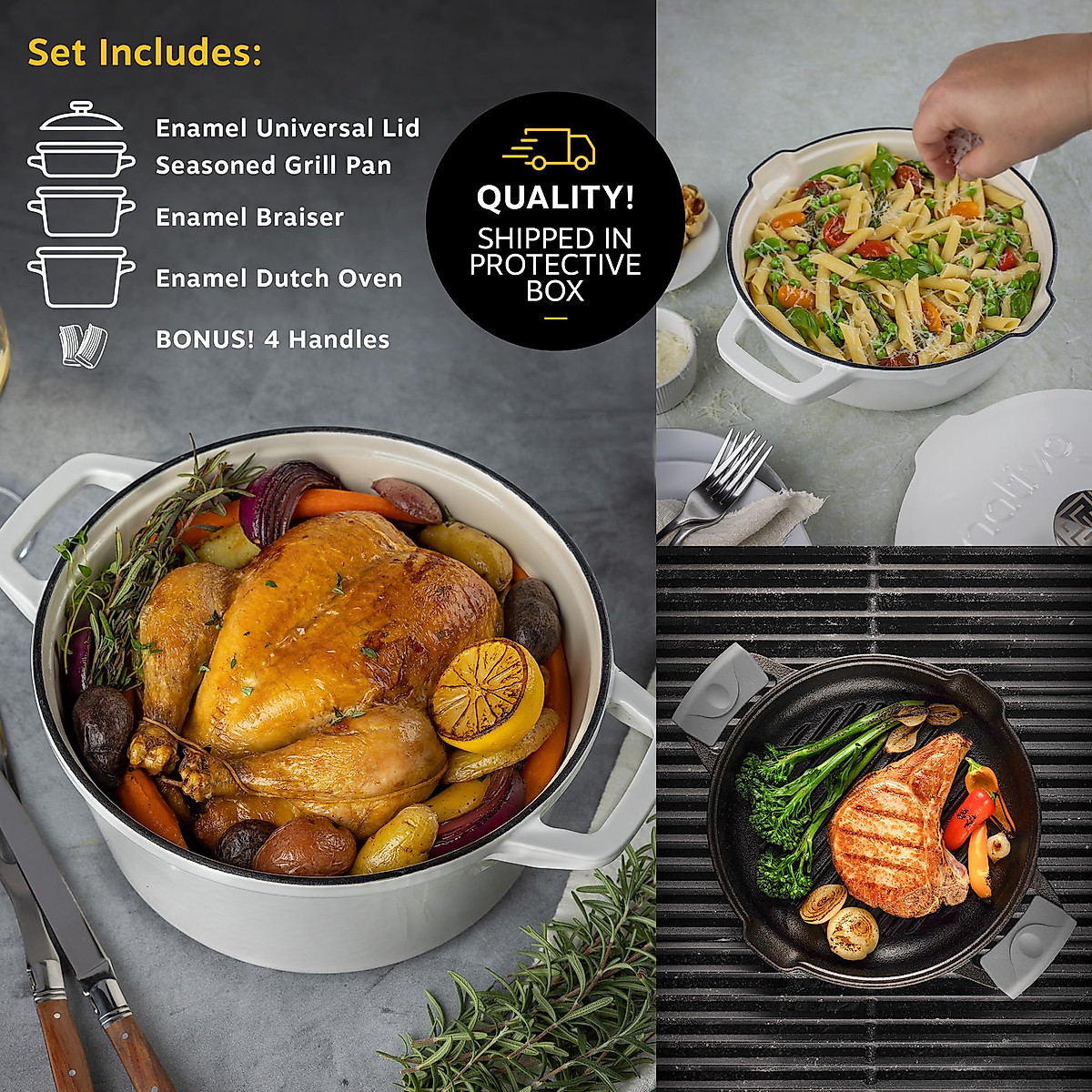 NATIVO 5pc Stackable Cast Iron Cookware Set, Versatile Enamel Dutch Oven, Seasoned Grill Pan & Enamel Braiser with Precision Pour Spouts, Universal Lid, Included Spacers/Handle Holders, White Dutch