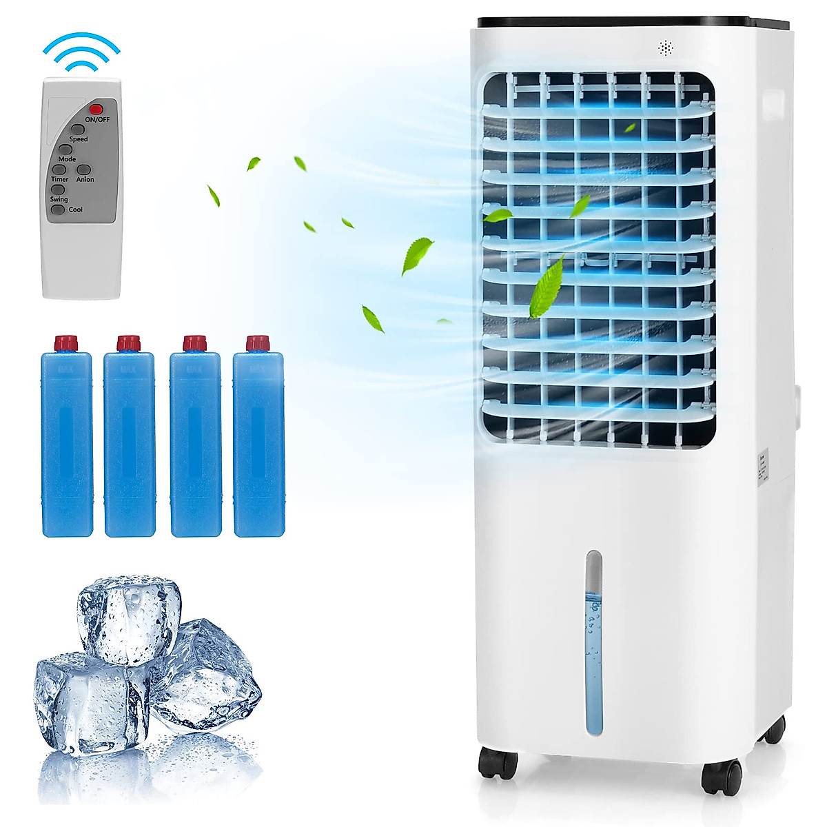 COSTWAY Evaporative Cooler, Include Remote Control, 4 Ice Packs, Bladeless Fan with 4 Wind Modes, 3 Speeds, 7.5H Timer, 12L Water Tank, LED Display, Portable Air Cooler for Indoor Use, Bedroom, White