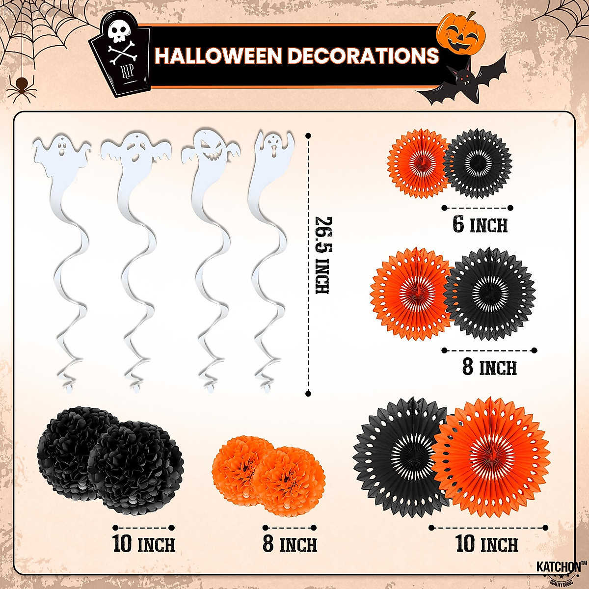 KatchOn, Halloween Party Decoration Set - Pack of 17 | Halloween Pompom, Happy Halloween Garlands | Halloween Party Hanging Decorations | Halloween Hanging Swirls for Halloween Ceiling Decorations