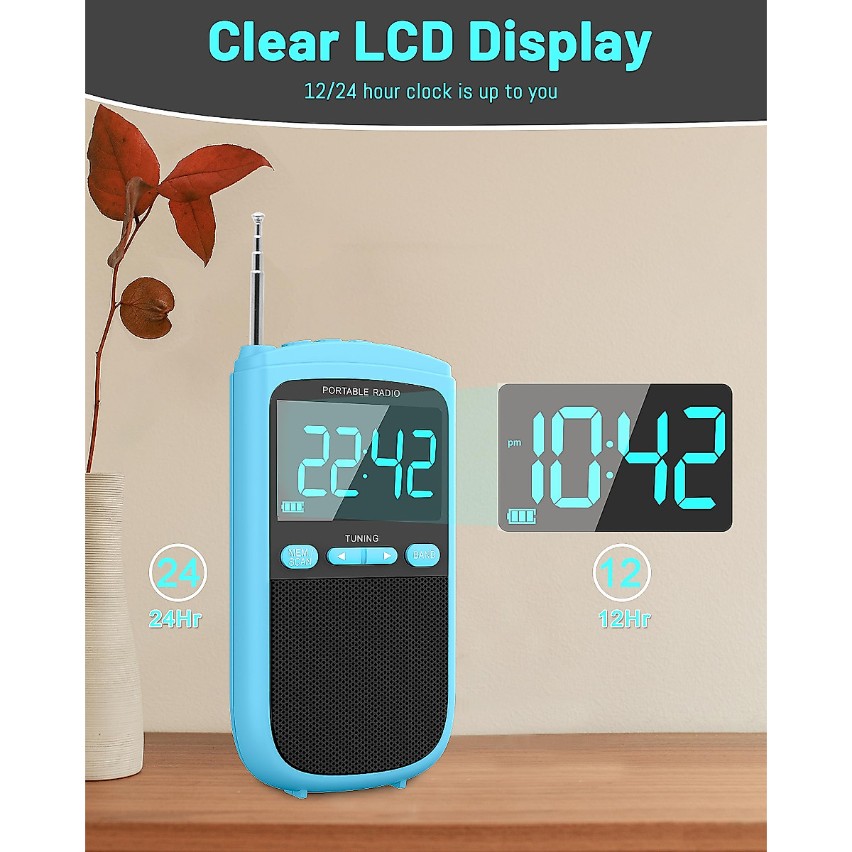 Sunoony Portable Radio AM FM, 900mAh Rechargeable Battery Personal Pocket Radio with Best Reception, Clearly LCD Screen, Earphone Jack, Time Setting Transistor Radio for Home & Outdoor, Walking (Blue)