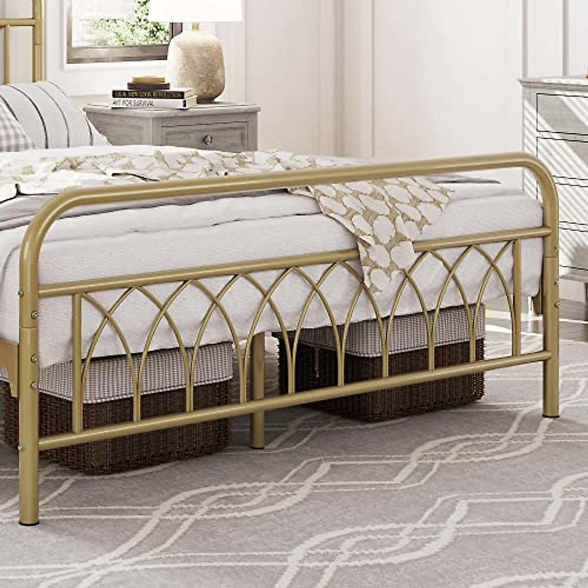 Yaheetech Full Bed Frame Metal Platform Bed with Petal Accented Headboard/Footboard/14.4 Inch Under Bed Storage/No Box Spring Needed,Antique Gold