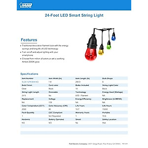 Feit Electric 24" 12pc. Light Color Changing Smart WiFi String Lights with Scheduling Features and Works with Alexa/Google Assistant, Heavy Duty and Weather Resistant - Clear Bulb - SL24-12/RGBW/AG