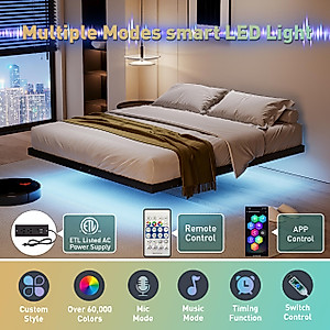 qimamo 14 Inch Floating Queen Bed Frame with Smart LED Lights and Charging Station, Modern Metal Queen Bed Frame, Easy to Assemble, No Box Spring Needed (Queen)