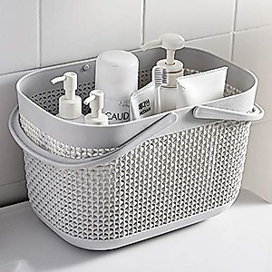 FEOOWV Plastic Bathroom Storage Basket with Handle, for Storing Bathroom Body Wash, Shampoo, Conditioner, Lotion (Grey, 1Pc)