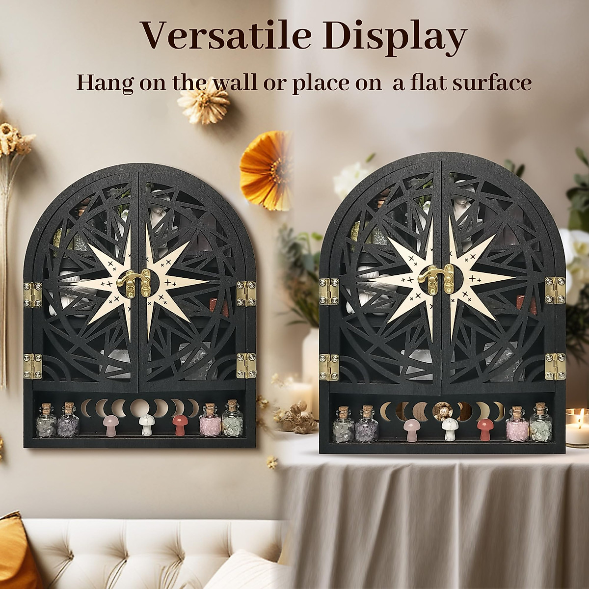 Crystal Display Shelf for Wall, Crescent Moon Phase Crystal Wall Shelf Decor, Wooden Storage Organizer Shelf for Stones Collection Essential Oil Display, Arch Crystal Holder Shelf for Meditation Room…