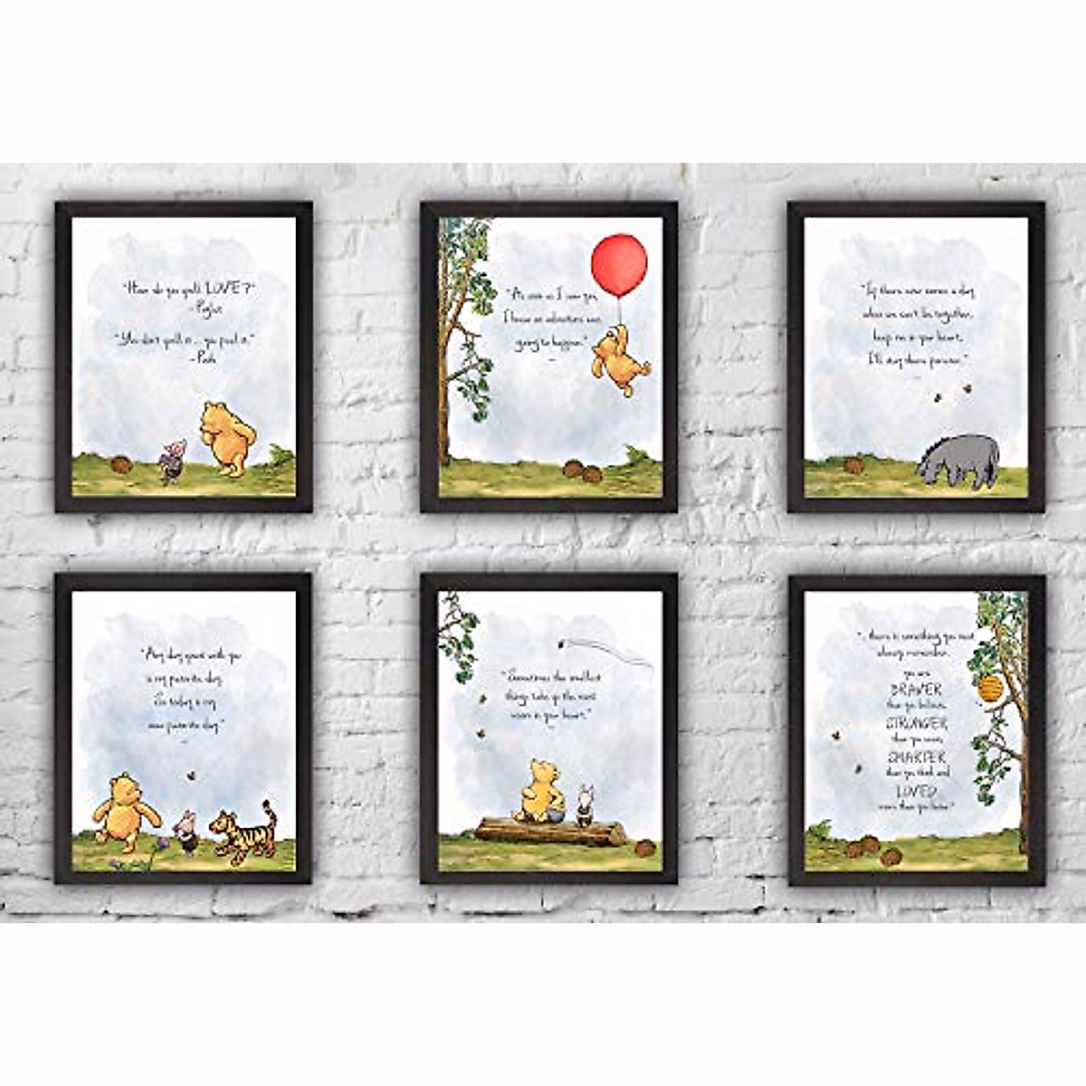 HerZii Prints Classic Winnie The Pooh Wall Art Decorations Set of 6 8x10 inch - Nursery Playroom Home Decor - Baby Shower Decorations
