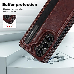 XIMAND for Samsung Galaxy Z Fold 5 Wallet Case with Credit Card Holder and S-Pen Holder,Fold Premium Leather Magnetic Clasp Kickstand Heavy Duty Protective Cover.(Brown)