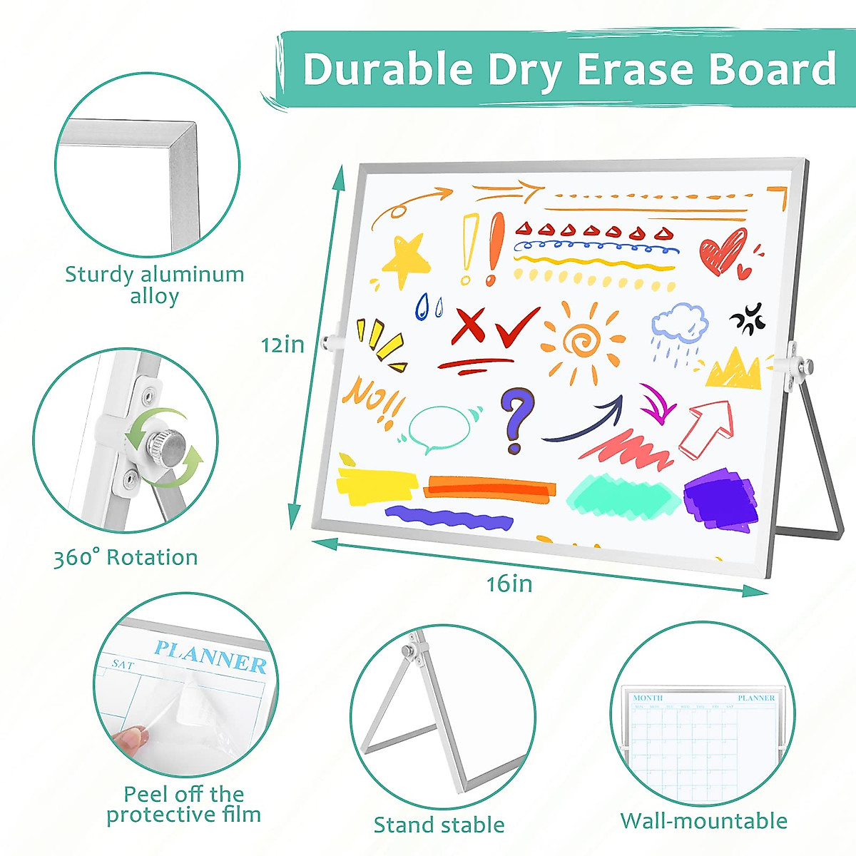 White Board, Jorking Dry Erase Calendar 16”x12” Magnetic Desktop Whiteboard with Stand, Monthly whiteboard for Wall Portable Double-Sided Dry Erase Board for Kitchen, Office, School, Gift idea, Silver
