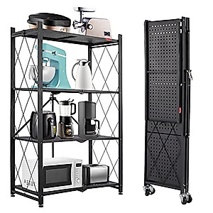 4-Shelf Foldable Storage Shelves with Wheels, Large Capacity Shelving Unit, Freestanding Metal Wire Shelf Rack, No Assembly Organizer Rack for Garage Kitchen, Basement, Pantry, Heavy Duty