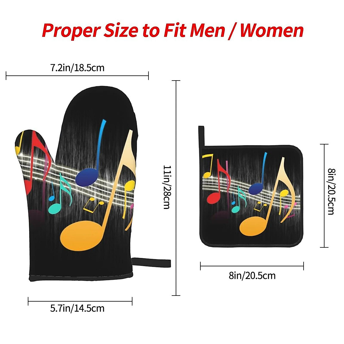 Colorful Musical Note Oven Mitts and Pot Holders Sets of 3 Washable Heat Resistant Hot Pads Non-Slip BBQ Gloves for Kitchen Cooking Baking Grilling