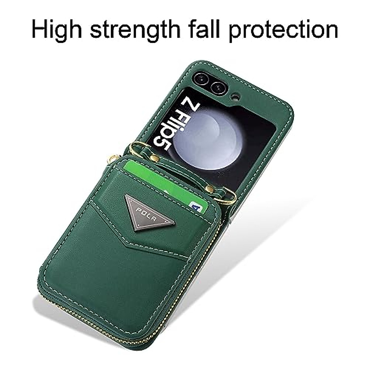 EAXER for Samsung Galaxy Z Flip 5 Case, Shockproof PU Wallet Folding Case Leather Zipper Crossbody Strap Cover (Green)