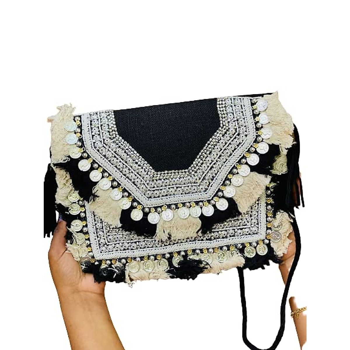 AMRANIS Boho Handcrafted Jute Coin Bag, Banjara bags, Designer Bohemian Bags, Shell Jute Bags Clutch, With Free Christmas Bag, Black4