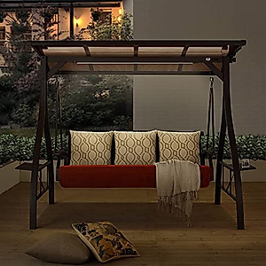 Ulax Furniture 3-Seat Outdoor Patio Swing Chair, Porch Swing Glider Chair with Convertible Canopy, Solar LED Light and Sunbrella Pillows for Poolside, Garden, Balcony, Backyard