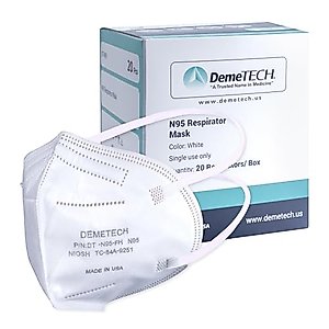 DemeTECH NIOSH N95 Respirator Face Mask, Fold-Style with Headbands, Made in USA, 20 Qty