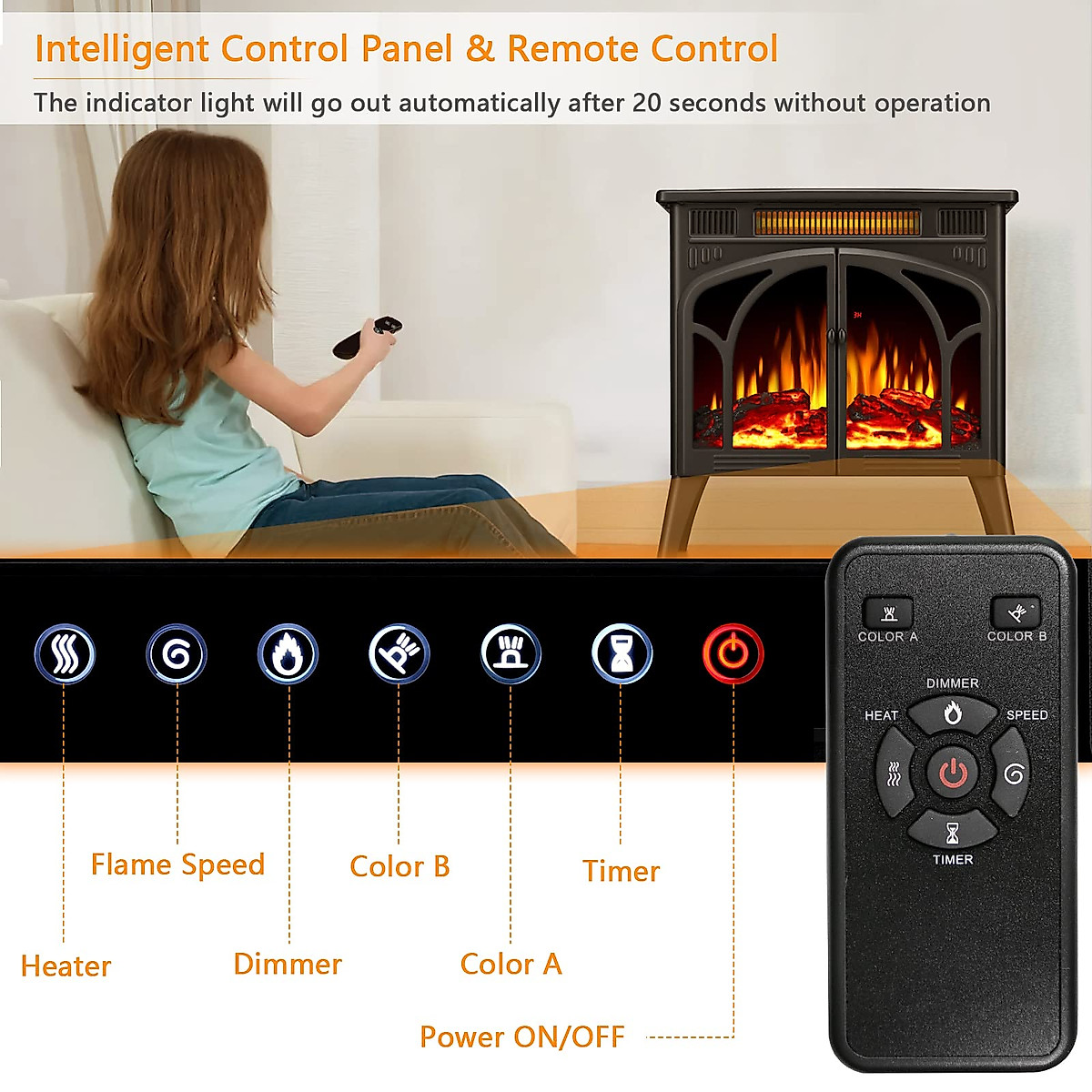 Antarctic Star Electric Fireplace Stove, 3D Free-Standing Infrared Fireplace Stove and Realistic Flame, Remote Control, 5100BTU & All Steel Design, Adjustable Brightness, 1500W Black