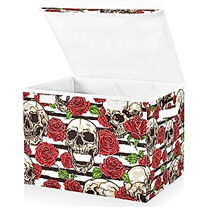 innewgogo Skulls Red Roses Storage Bins with Lids for Organizing Closet Organizers with Handles Oxford Cloth Storage Cube Box for Dog Toys