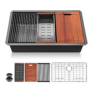 33 Kitchen Sink Black Stainless - Lordear 33 Inch Undermount Sink Ledge Workstation Gunmetal Black Stainless Steel 16 Gauge Single Bowl Under Counter Kitchen Sink Basin with Accessories