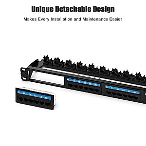 AMPCOM Industrial Series CAT6 24 Ports Patch Panel, Rack Mount - 1U, 19 inch, RJ45 Ethernet 568A 568B, 50u Gold Plated, with Rear Cable Management Bar