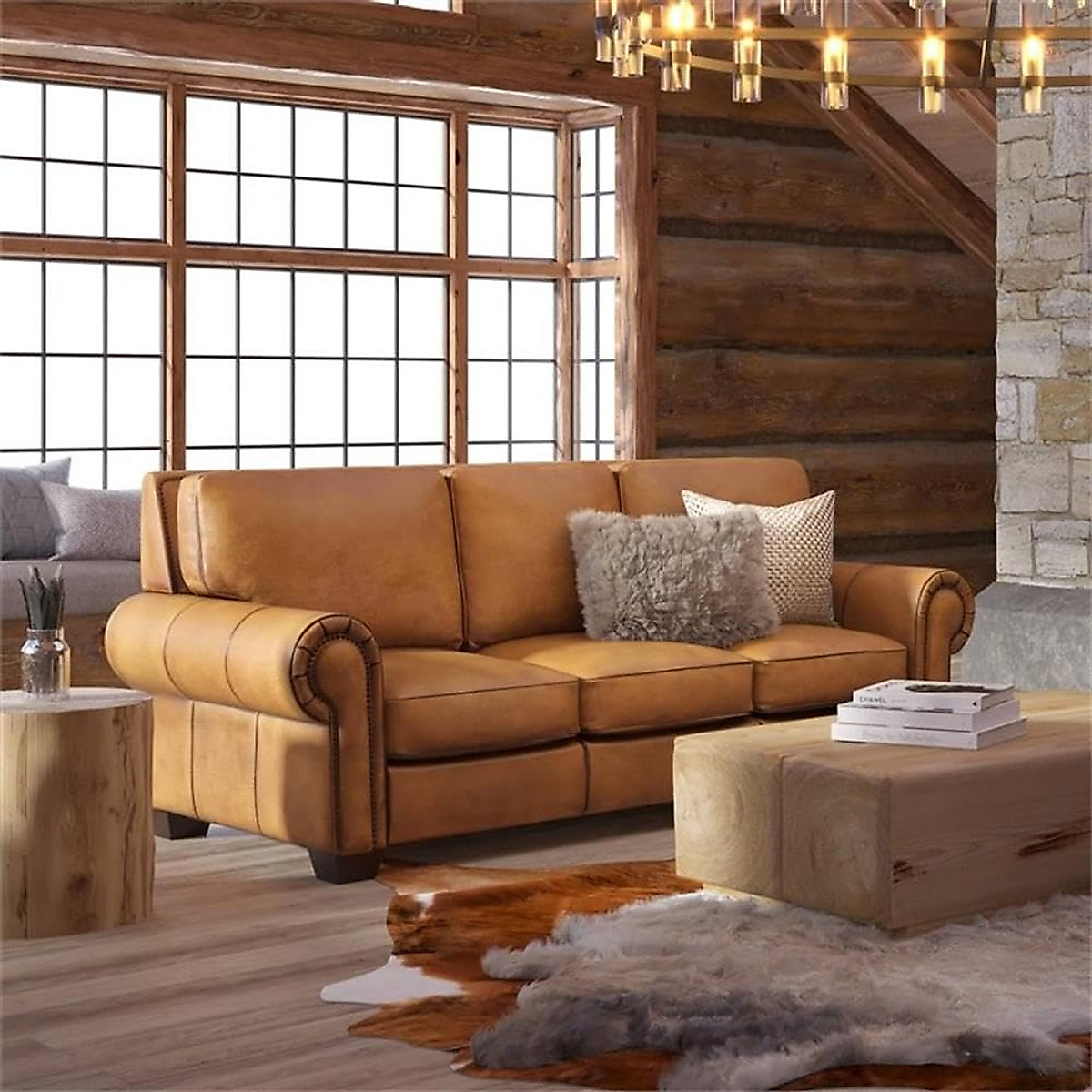 Pemberly Row Top Grain Hand Antiqued Leather Sofa in Tan Brown