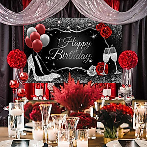 Red Black and Silver Party Decorations for Women Birthday Party Supplies Red Black and Silver Balloon Garland Silver Glitter Happy Birthday Backdrop High Heels Champagne Glass Background