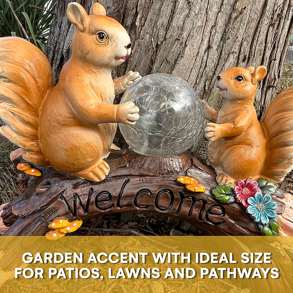 VP Home Enchanted Welcome Squirrels Solar Powered LED Outdoor Decor Garden Light with Crackled Glass Globe Welcome Squirrel Statues Outdoor Bird Decor Figurine Decor for Outside Patio, Yard, Lawn