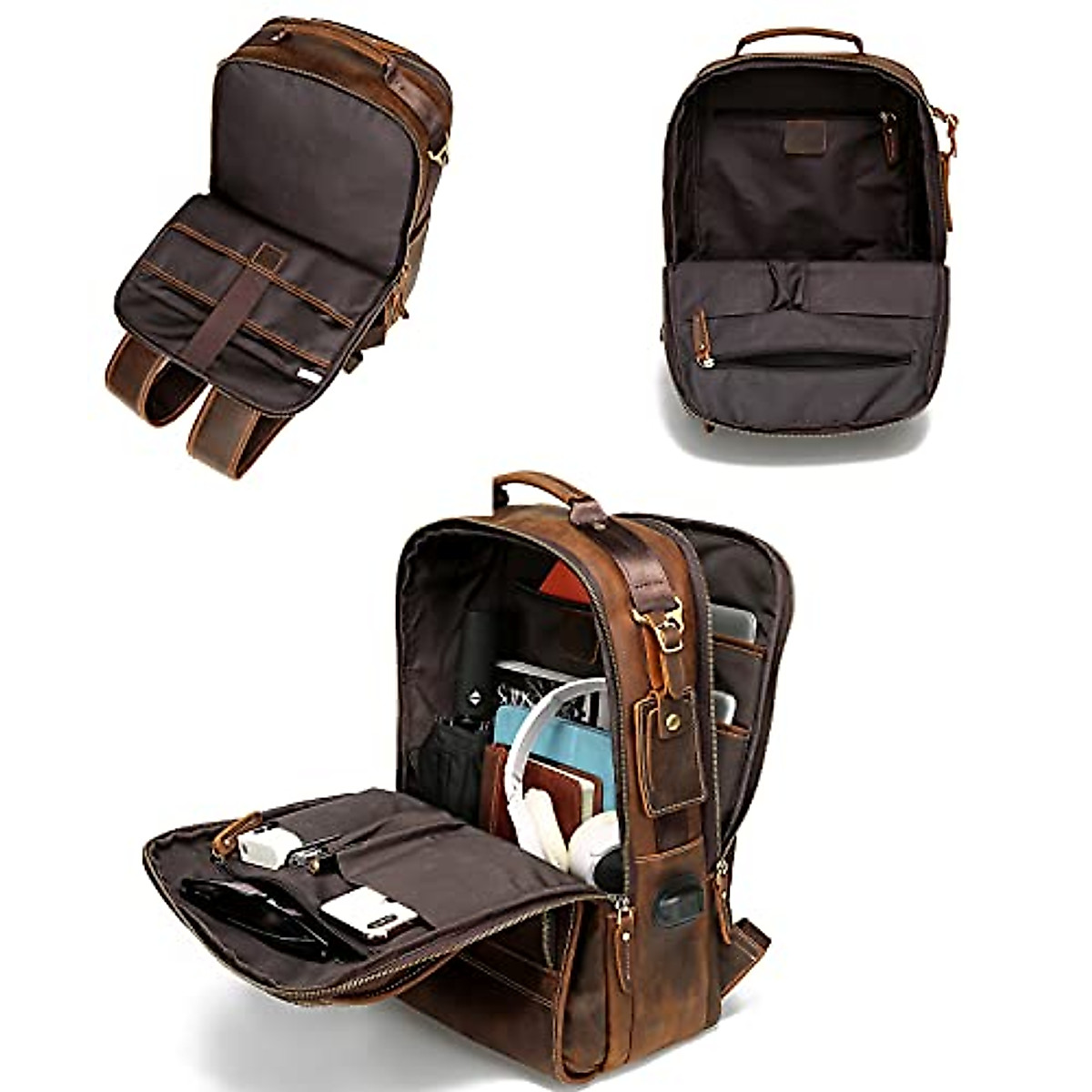 LANNSYNE Vintage Genuine Leather Backpack For Men 15.6 Inch Laptop Bag School Bag Overnight Weekender Camping Daypack Rucksack