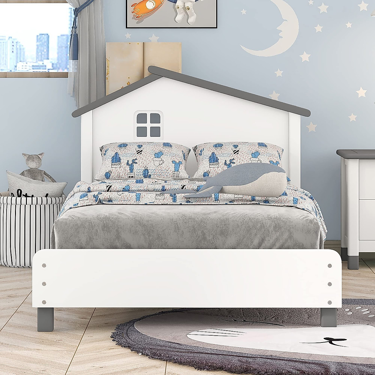 Merax Kids Mordern House Beds Frame Twin, Wood Low Bed for Boys,Girls, No Box Spring Need (Twin, White+Gray)