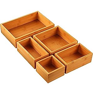 Pipishell 5-Piece Bamboo Drawer Organizer Set, Multi-use Storage Box Set, Varied Sizes Junk Drawer Organizer for Office, Home, Kitchen, Bedroom, Bathroom