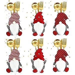 Vuzvuv 6Pcs Christmas Silverware Holders Tableware Pockets Cutlery Bags White and Red Cute Santa Claus Design Knife and Fork Bags for Home Kitchen Christmas Dinner Table-top Family Party Decorations