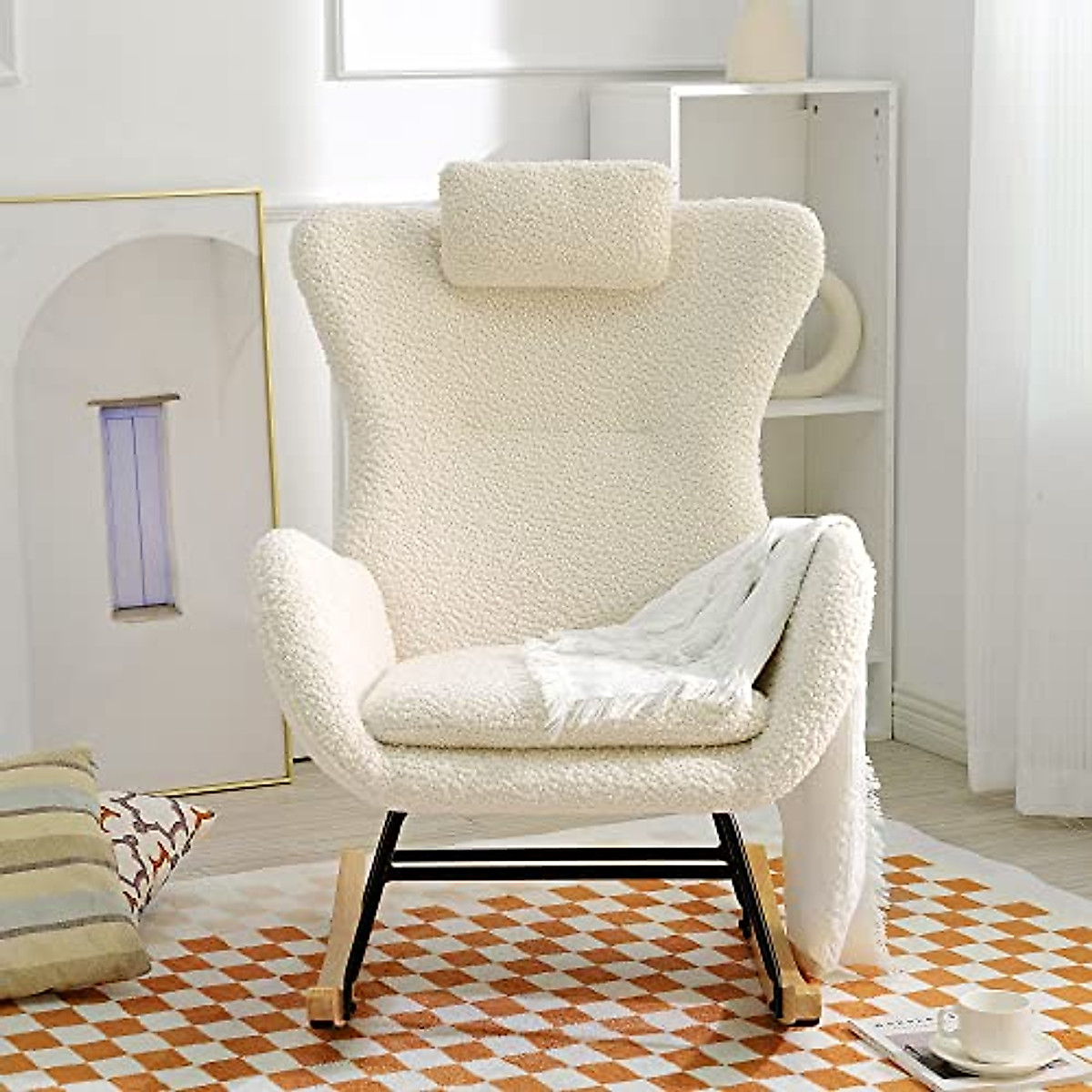 Morhome Upholstered Nursery Rocking Chair-Comfy Glider Rocker with Padded Seat, High Backrest, and Armrests for Living Room Bedroom Offices, Beige