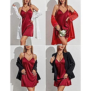 Ekouaer Women Sleepwear Satin Lingerie Chemise Nightgown Babydoll Nightwear Silk Slip Dress Wine Red