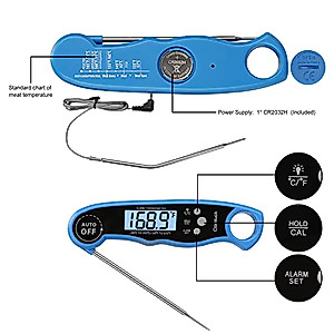 Digital Meat Thermometer for Cooking - Comluck CA002 Instant Read Meat Thermometer for Grilling and Smoking 2-in-1 Dual Probe Oven Safe Food Thermometer with Alarm for Grill BBQ Steak Turkey