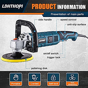 LDHTHOPI Buffer Polisher, 1600W 7 Inch/6 Inch Rotary Buffer Polisher Waxer, 7 Variable Speed 1000-3500 RPM, Detachable Handle for Car, Boat Sanding, Polishing, Waxing