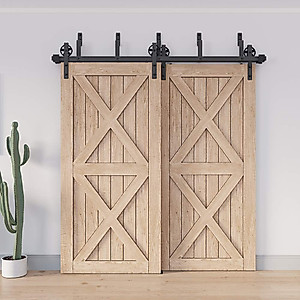 ZEKOO 5-18 FT Bypass Barn Door Hardware for Double Barn Door, Barn Door Track for Sliding Closet Door, Heavy Duty Double Bypass Barn Door Kit Big Black Spoke Hangers (6FT Bypass Double Door Kit)