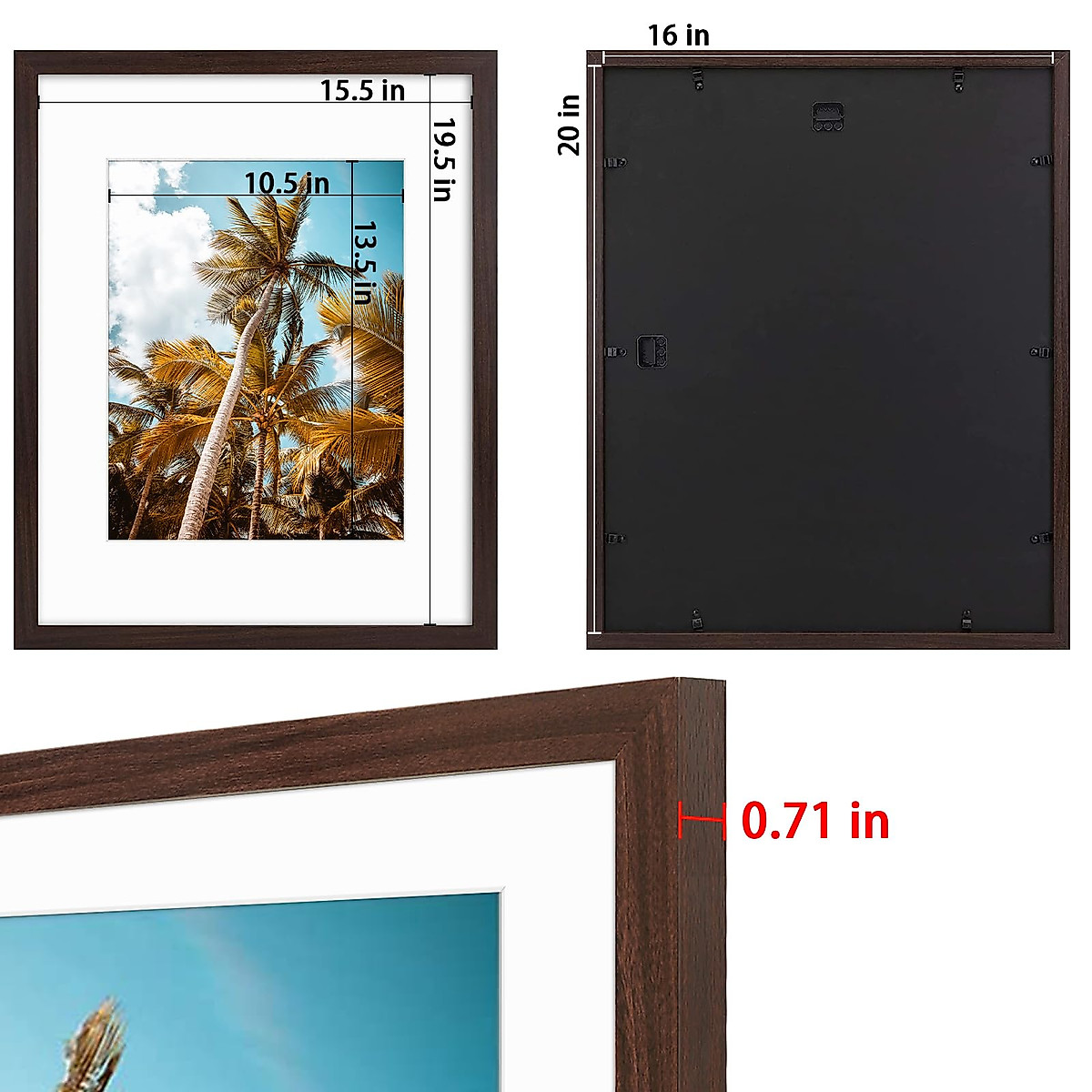 Frametory, 16x20 Picture Frame with Mat for 11x14 Picture- - High Definition Glass Wide Molding - Preinstalled Wall Mounting Hardware (Brown, 2 Pack)