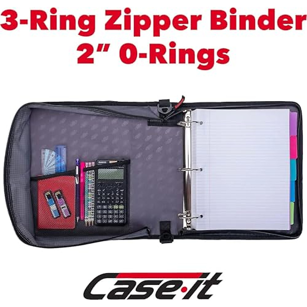 Case-it The Universal Zipper Binder - 2 Inch O-Rings - Padded Pocket That Holds up to 13 Inch Laptop/Tablet - Multiple Pockets - 400 Page Capacity - Comes with Shoulder Strap - Fire Engine Red LT-007