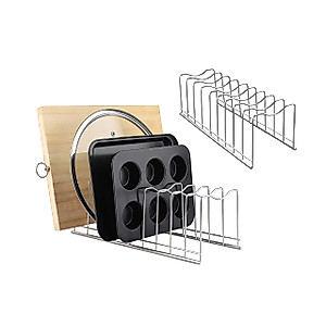 2 Pack HS Ideas Pot Lid Organizer, Kitchen Plate Rack Holder Rest,Pan and Pot Lid Holder for Cutting Boards, Bakeware, Cooling Rack, Serving Trays,Pantry and Cabinet Holder - Silver Finish…