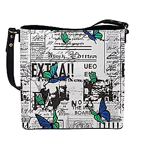 Coloranimal Womens Crossbody Handbags and Purses Vintage Poster Newspaper with Butterfly Print Bucket Top-handle Bags Large Work Satchel