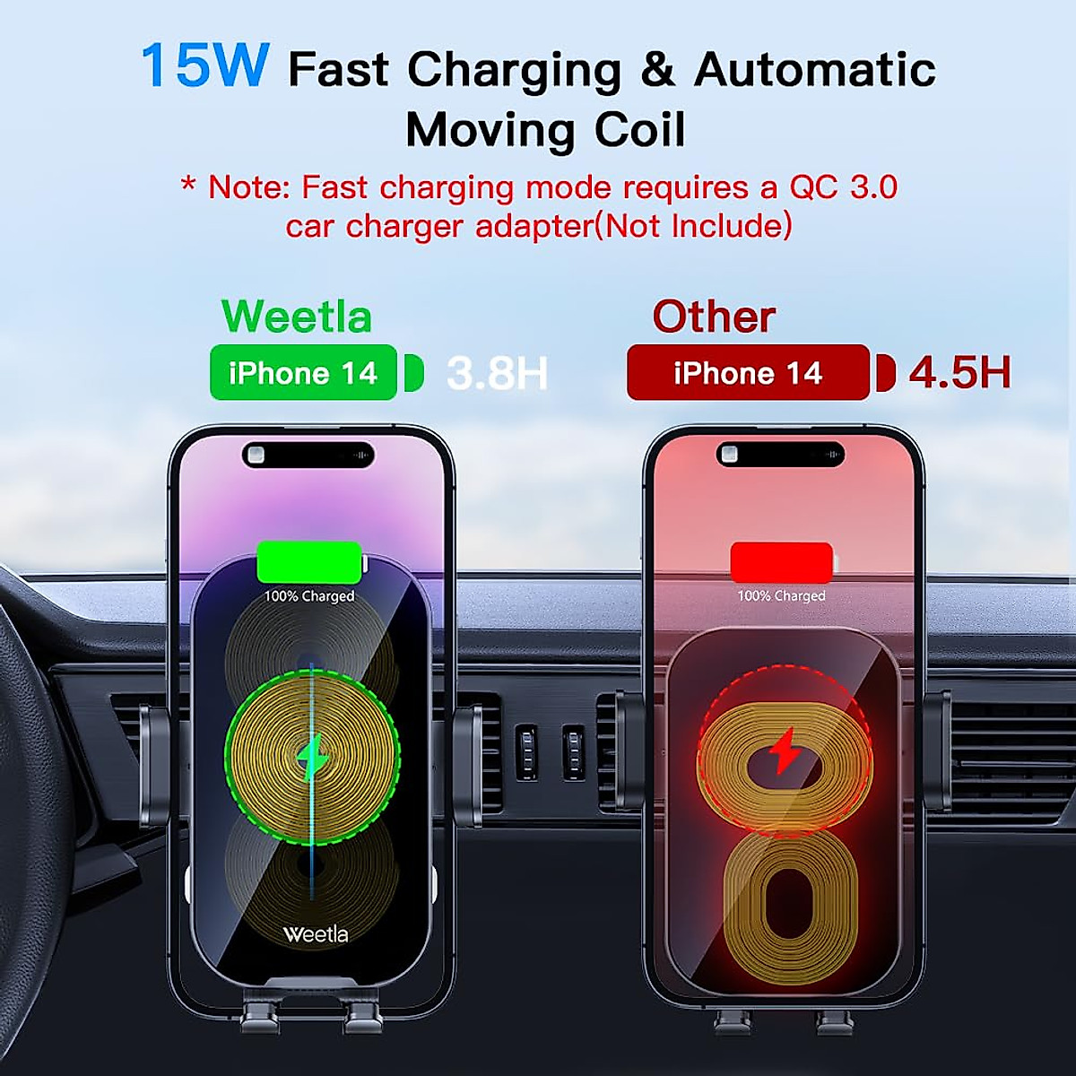 𝟮𝟬𝟮𝟯 𝗡𝗲𝘄 Weetla Wireless Car Charger,Charging Auto-Alignment, Air Vent 360° Adjustable Auto-Clamping Car Phone Holder Mount Wireless Charging for iPhone 15/14/13/12/11/Pro Max (Gray)