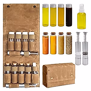 PLANET KITCHEN Travel Spice Kit - Portable Spice Containers great for Camping, Traveling, Bushcraft & RV - Seasoning Kit with 8 Jars, 2 Salt & Pepper Grinders, 1 Oil Spray and Waterproof Cover (Khaki)